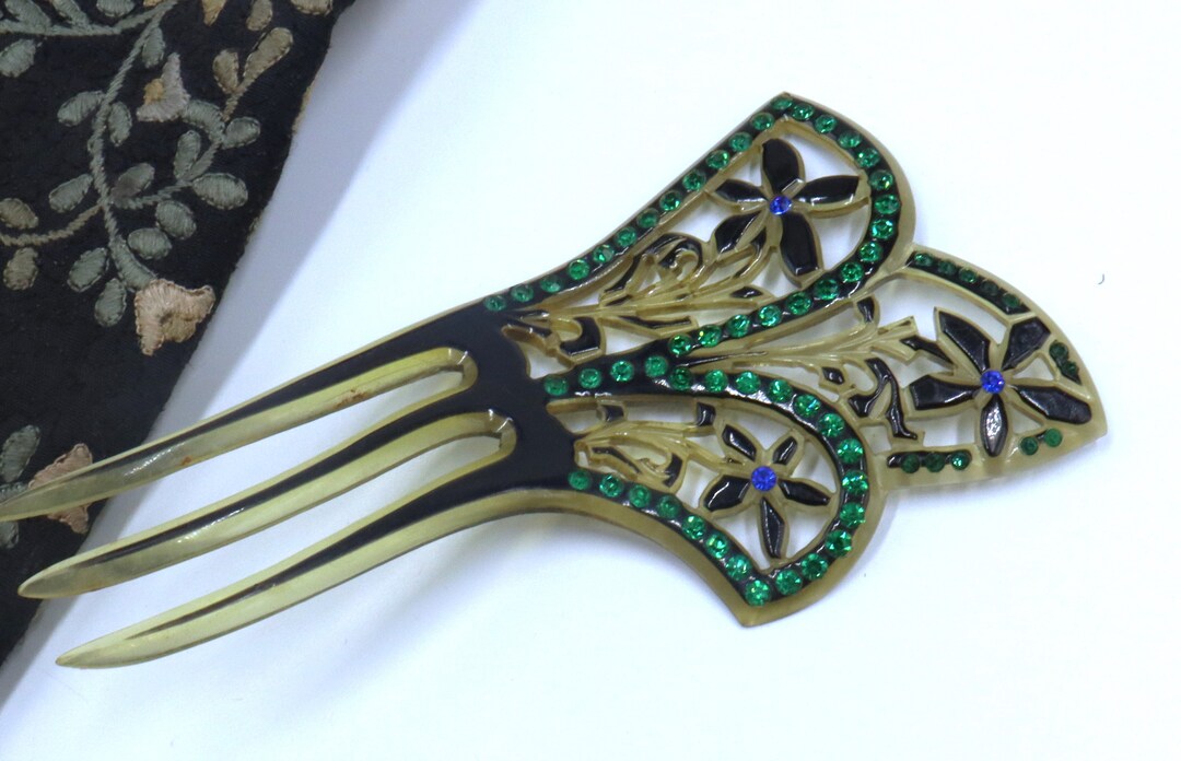 Antique Art Deco Two Tone Celluloid Green Blue Rhinestone Decorative ...