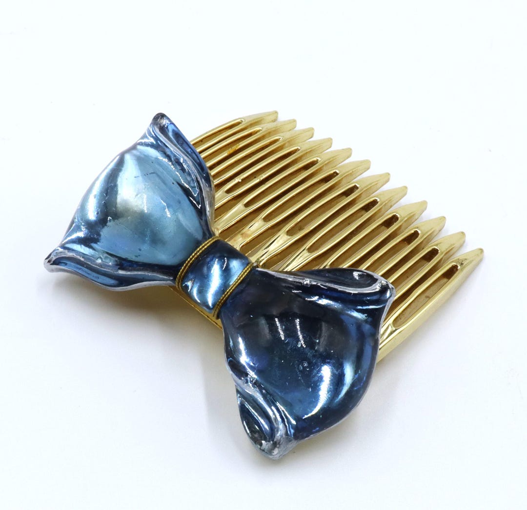 Vintage Marked A Italy Gold Tone Blue Lucite Bow Hair Comb - Etsy