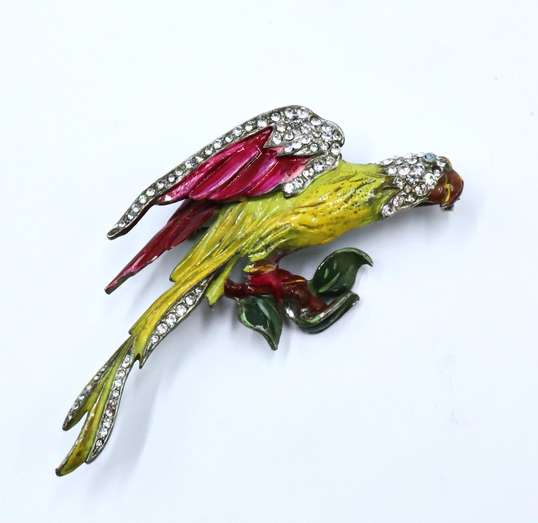 Vintage 40's Jose Rodriguez Silver & Clear Rhinestone Enameled Parrot ...
