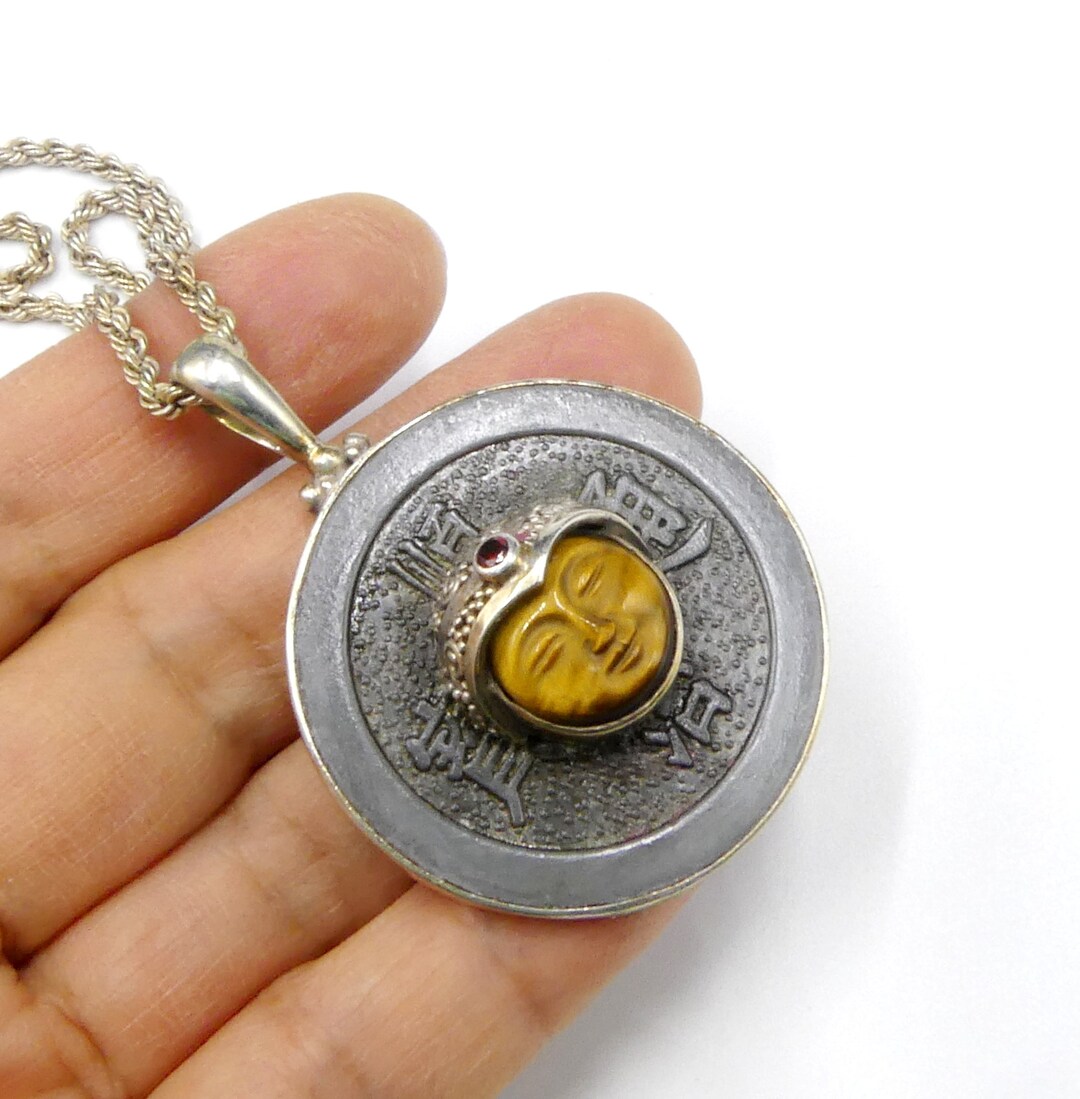Vintage Marked Sajen 925 Carved Tiger Eye Face W Faux Jade Coin Pattern ...