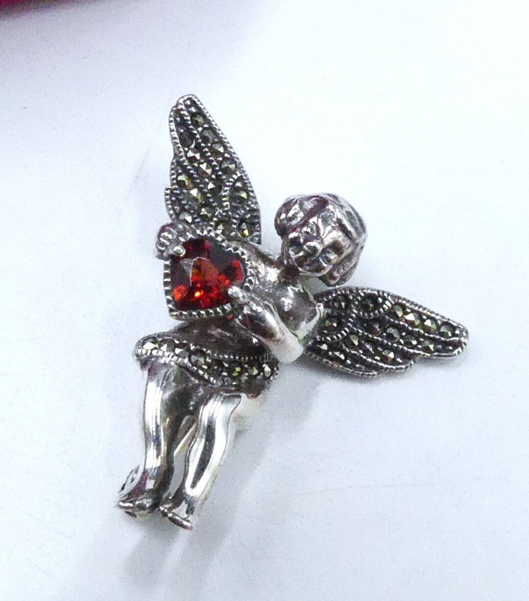 Vintage Marked Judith Jack Sterling Silver & Garnet Heart Cherub Pin ...