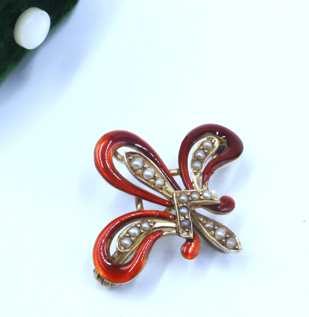 Antique Marked 14k Gold Victorian Red Enamel Seed Pearl Fleur De Lis ...