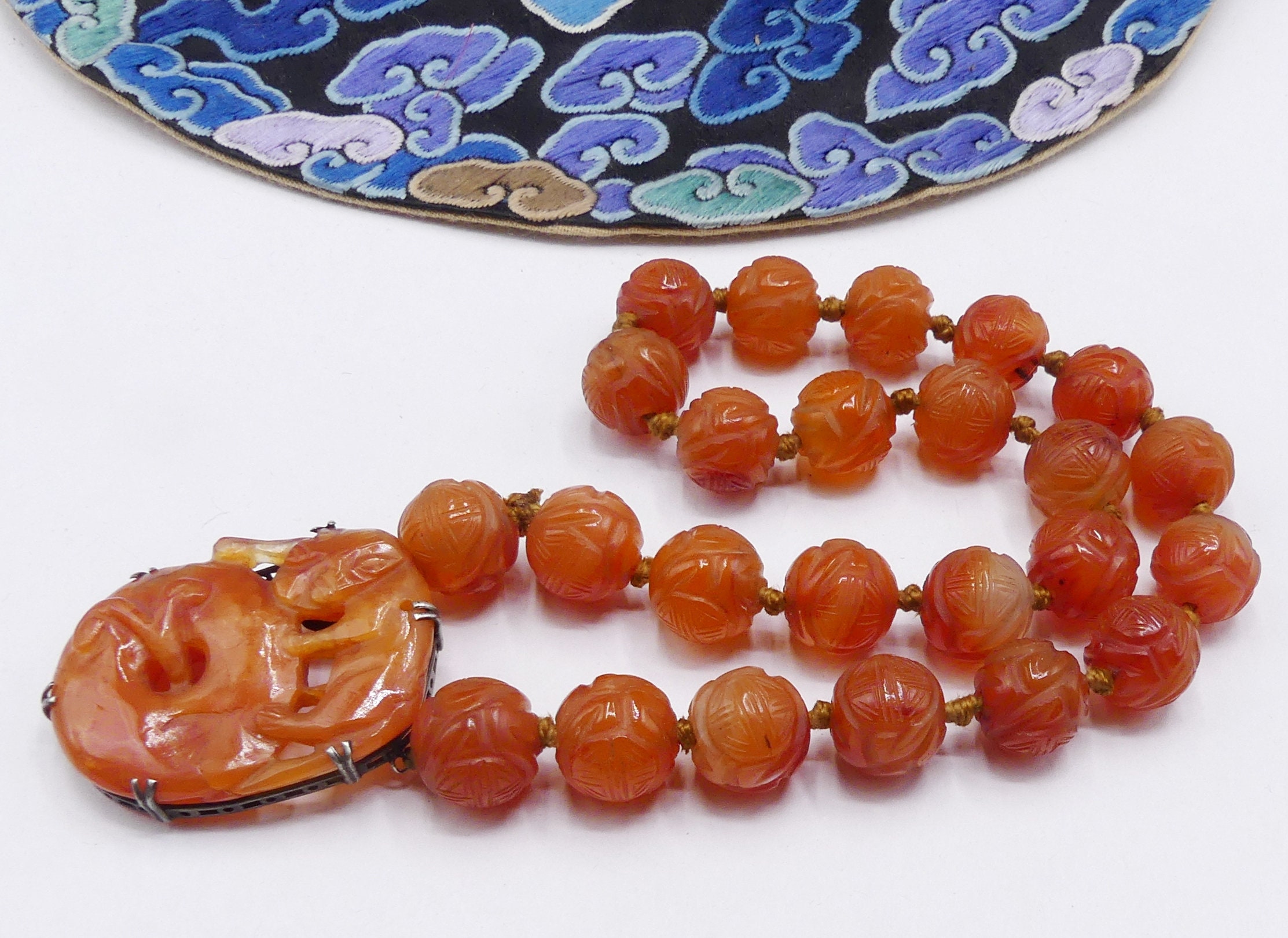 Old Chinese Carved Carnelian Beads Necklace & Sterling Silver Tiger ...