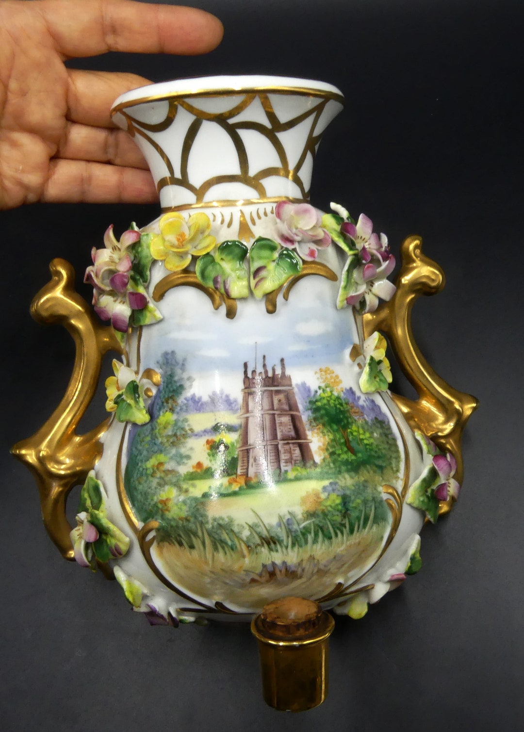 Antique Hand Painted Porcelain 3D Flower Countryside Scene Wall Hanging ...
