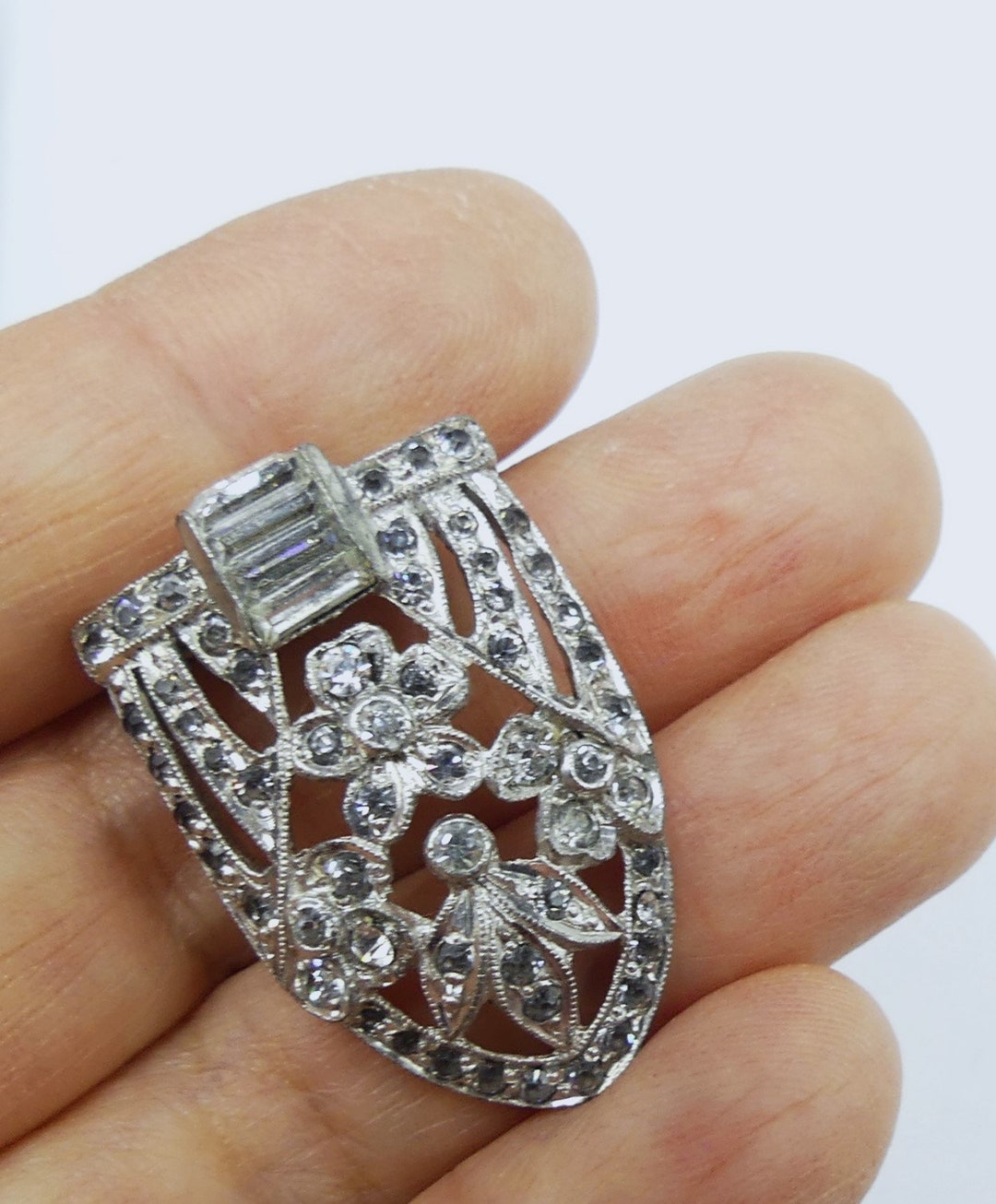 Vintage 30's Silver Tone Clear Rhinestone Dress Clip - Etsy