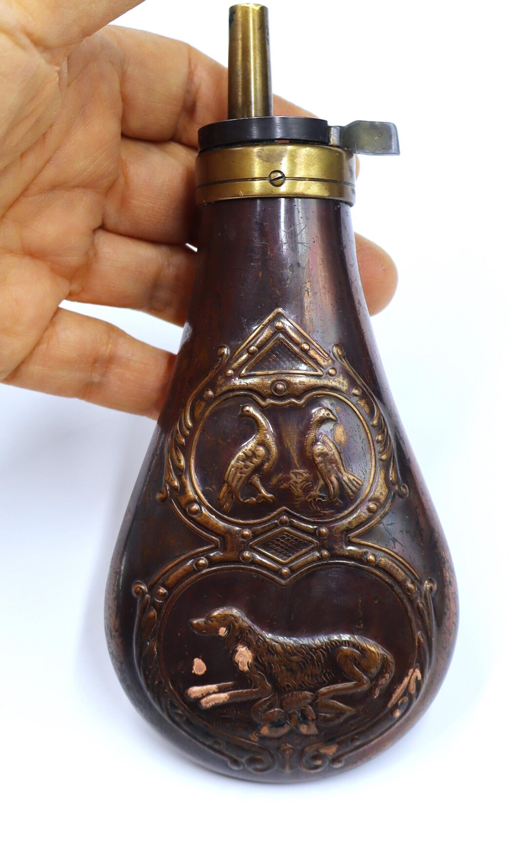 Vintage Copper Black Powder Flask With Pheasant & Dog Embossed - Etsy