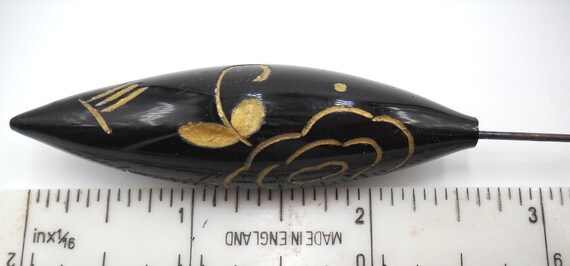 Antique carved jet black & gold color Conical hatpin - Gem