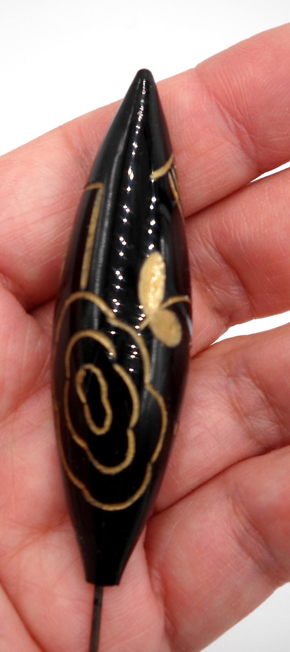 Antique carved jet black & gold color Conical hatpin - Gem