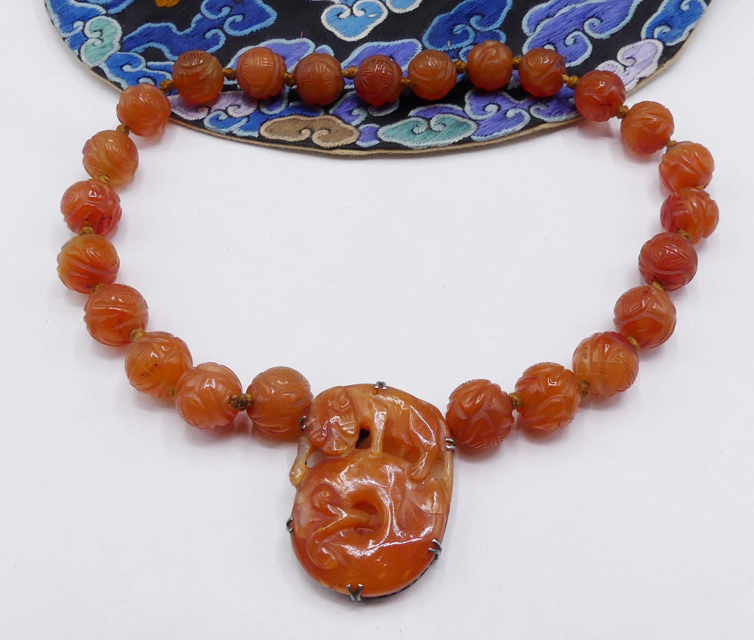 Old Chinese Carved Carnelian Beads Necklace & Sterling Silver Tiger ...