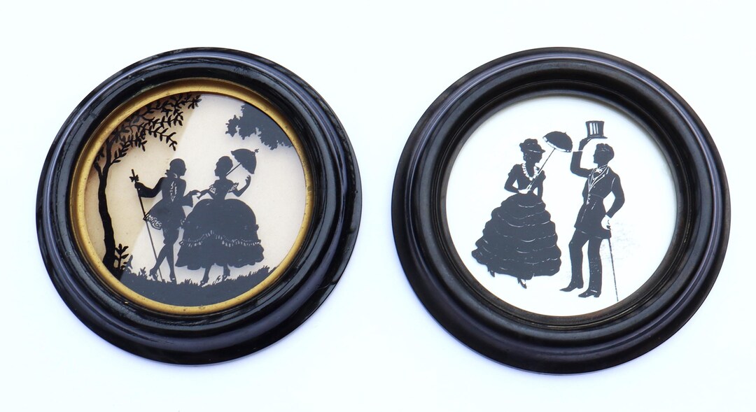 Vintage Pair Round 19th C Colonial Greetings Silhouettes Wall Hanging W ...