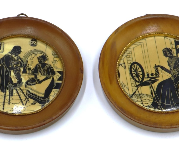 Vintage 30's Pair of Reverse Round Silhouette Paintings W Wooden Frame ...