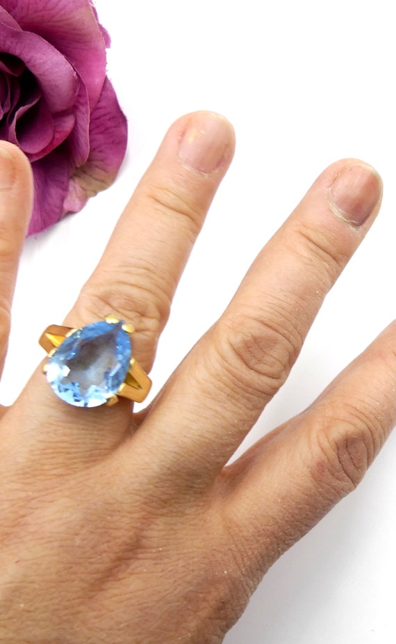 Unique gold tone adjustable & blue rhinestone ring Si… - Gem