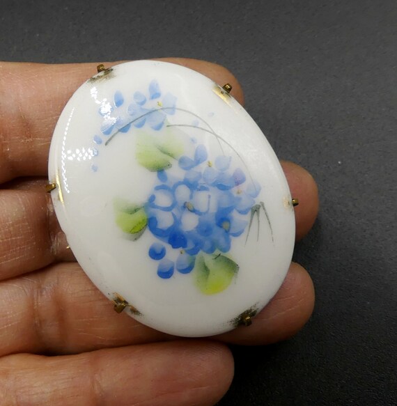 Antique brass hand painted porcelain oval brooch - Gem