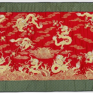 Vintage Chinese Silk Hand Embroidered Dragons on Red Background Penal ...