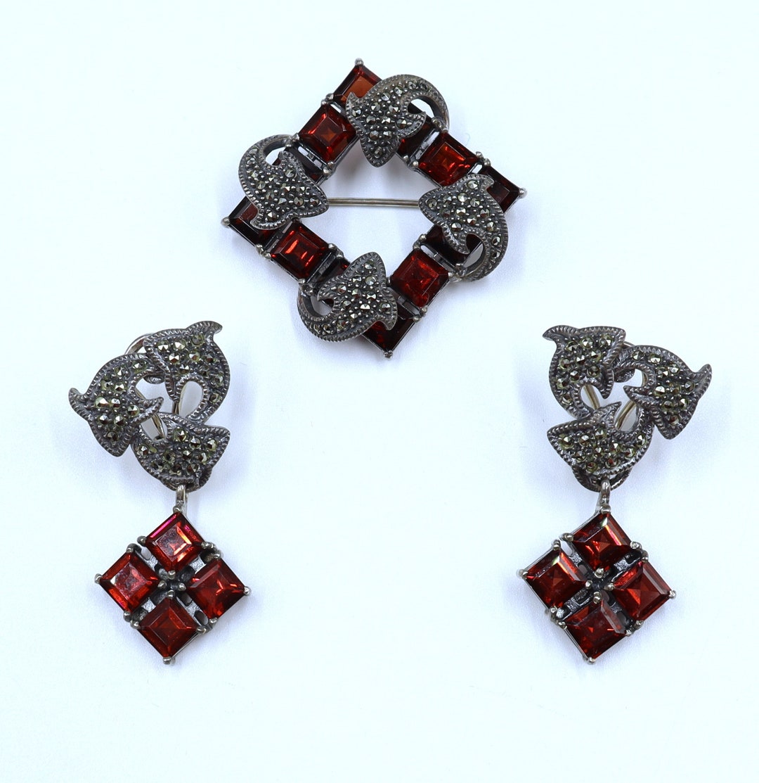 Vintage Marked Judith Jack Sterling Silver Marcasite & Garnet Brooch ...