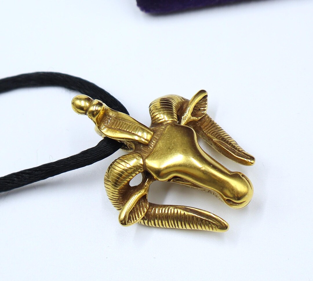 Vintage Signed MMA Gold Tone Egyptian Revival Rams Head Pendant W Black ...