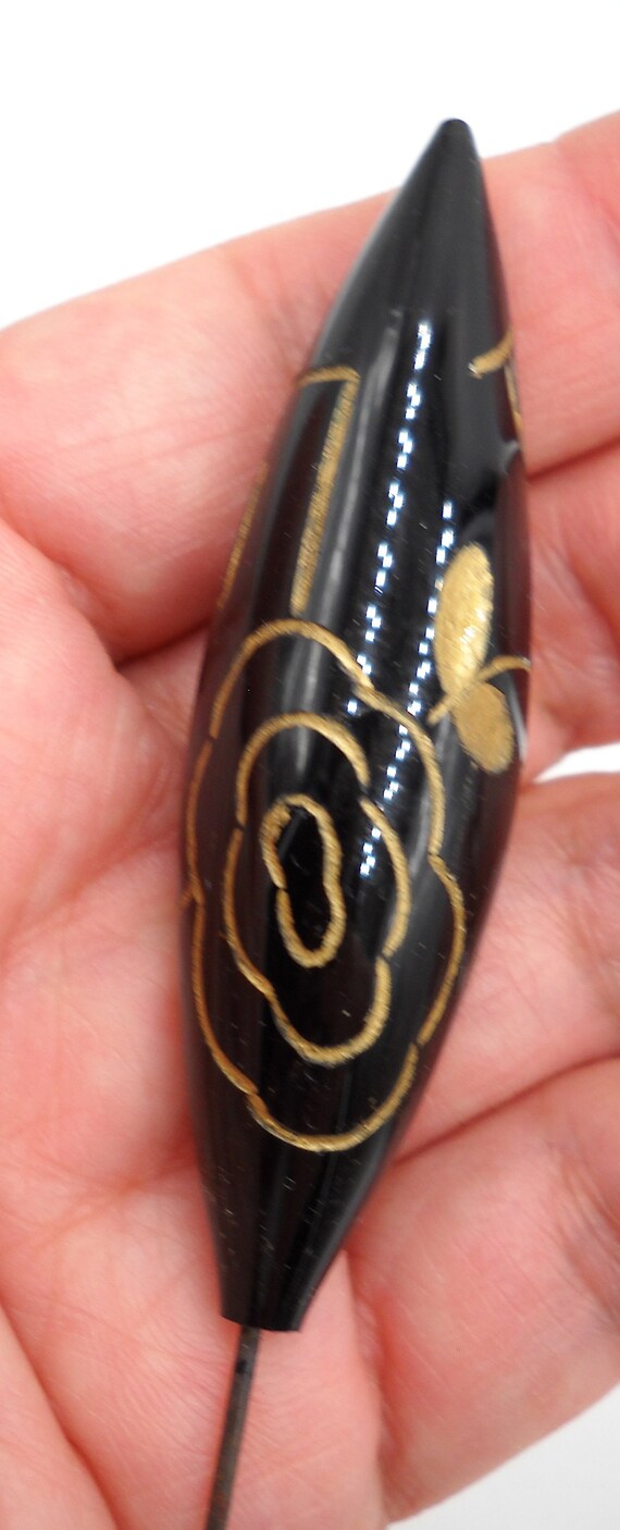 Antique carved jet black & gold color Conical hatpin - Gem