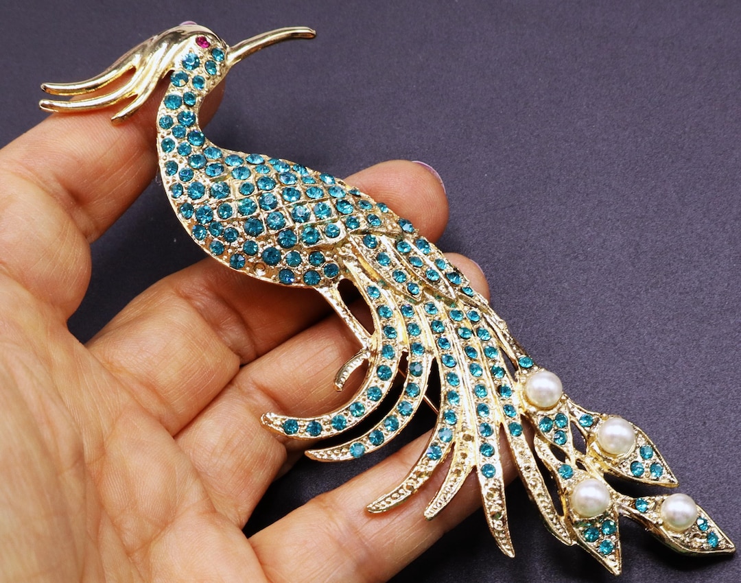 Vintage Art Deco Style Large Peacock Gold Tone & Green Rhinestone Faux ...