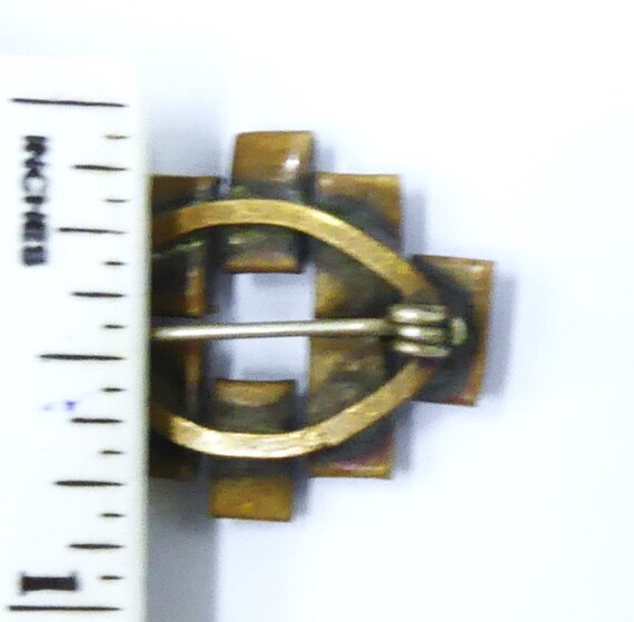 Antique brass & blue red glass stone pin brooch - Gem