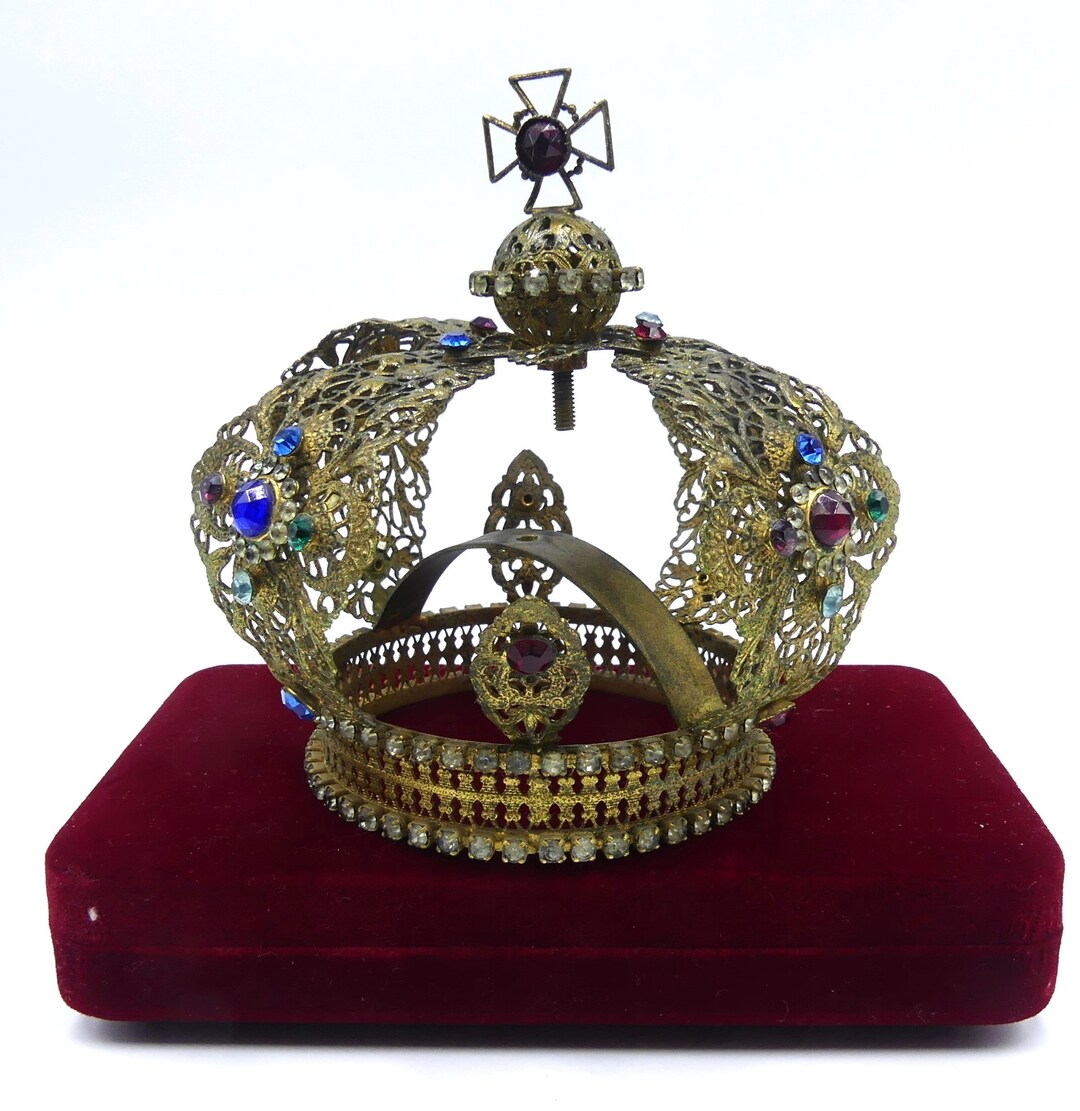 Antique Brass Rhinestone Ornate Maltese Cross Crown Jewel Lamp Finial ...