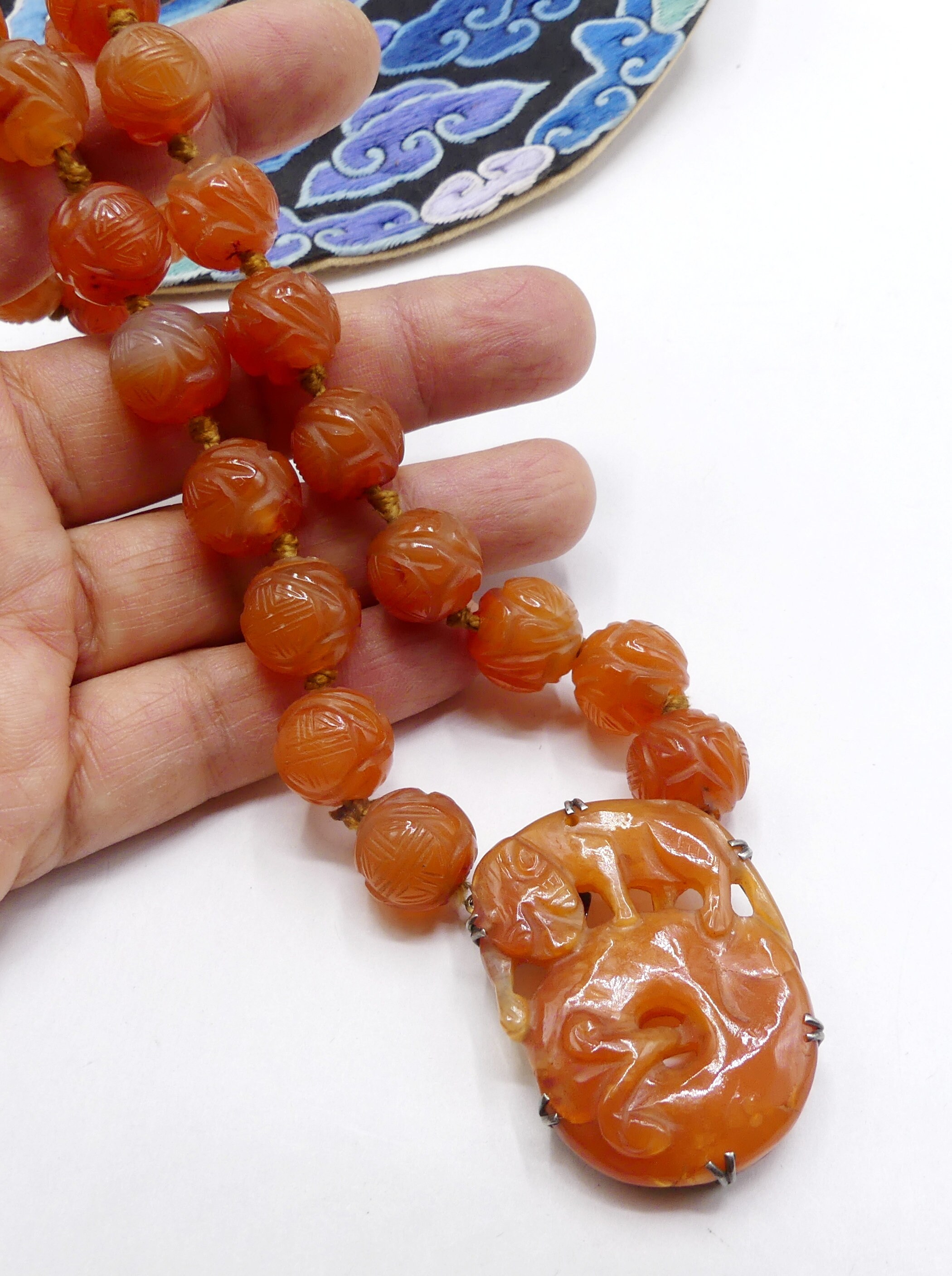 Old Chinese Carved Carnelian Beads Necklace & Sterling Silver Tiger ...