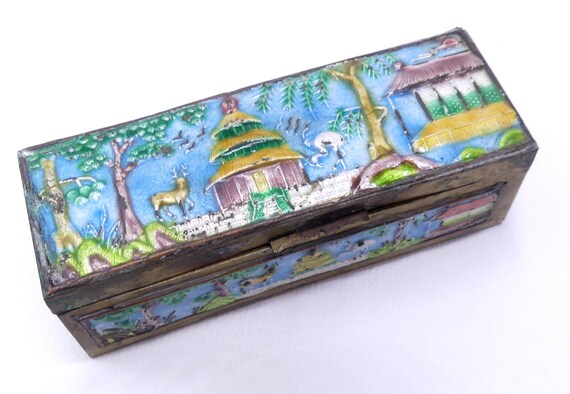 Vintage Chinese Brass Enamel Stamp Trinket Box temple of - Etsy