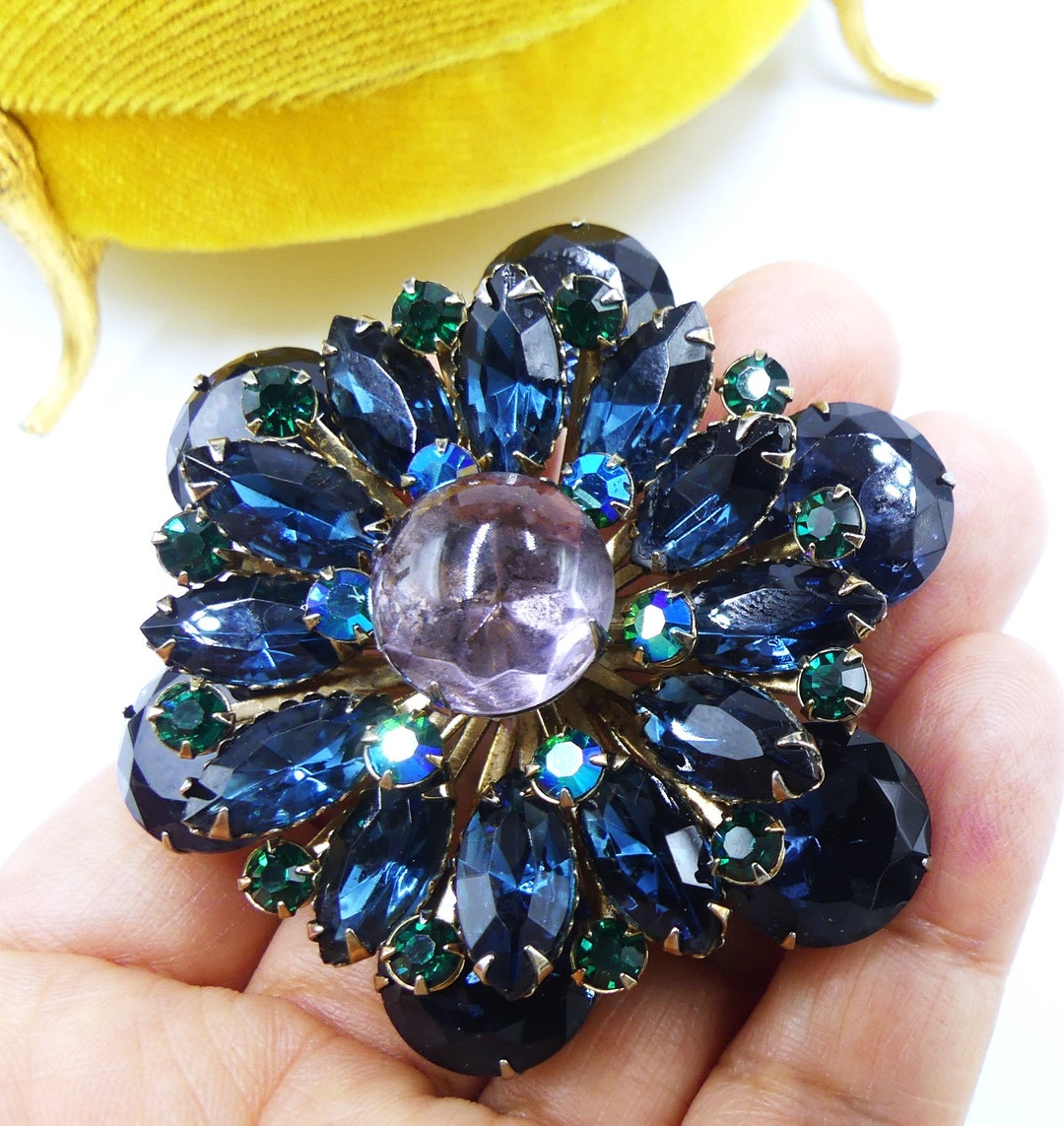 Vintage Large Brass Tone Glass Blue Green Rhinestone Purple Cabochon ...