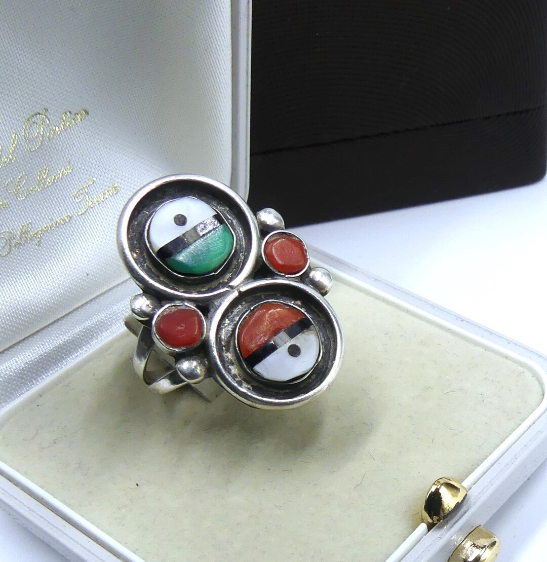 Vintage Unsinged Suni Sterling Silver Coral Turquoise MCP Inlay Ring ...