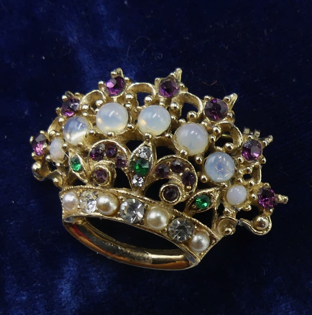 Vintage 60's Gold Tone Jeweled Crown ( Trifari ?) Faux Moonstone ...