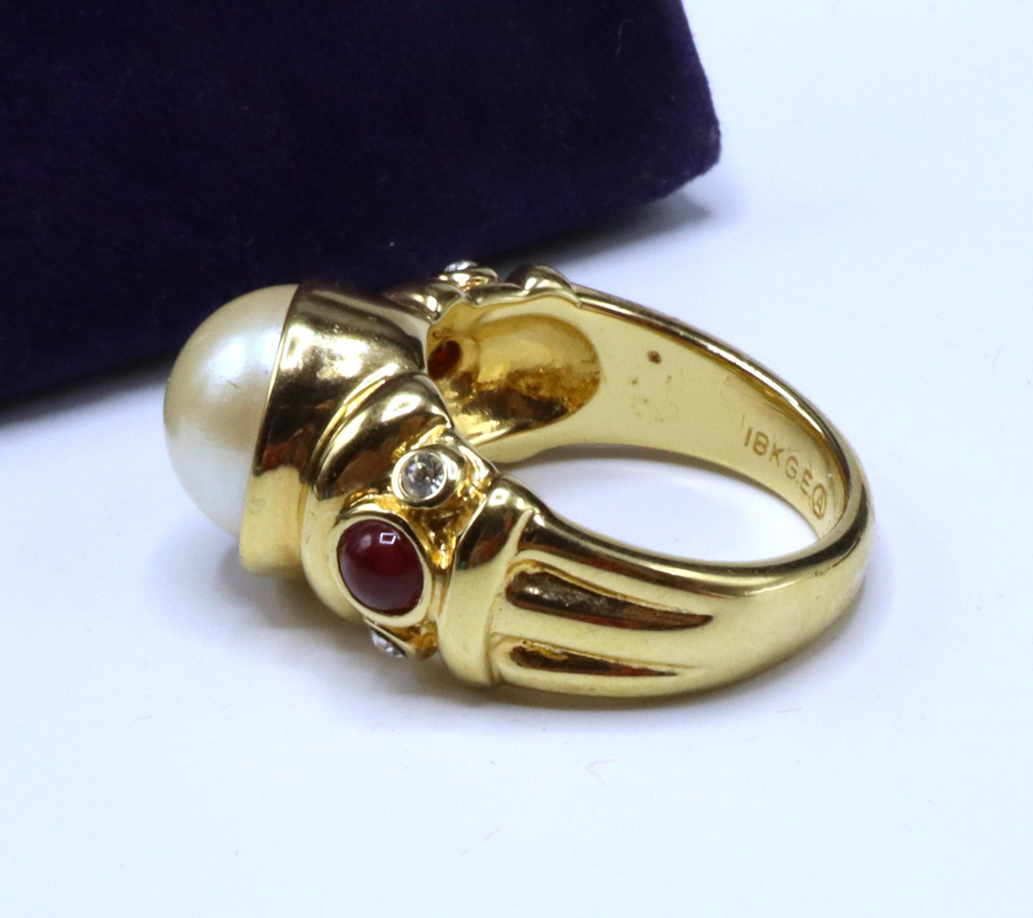Vintage Marked 18k GE Gold Tone Faux Pearl W Ruby Glass Cabochon Ring ...