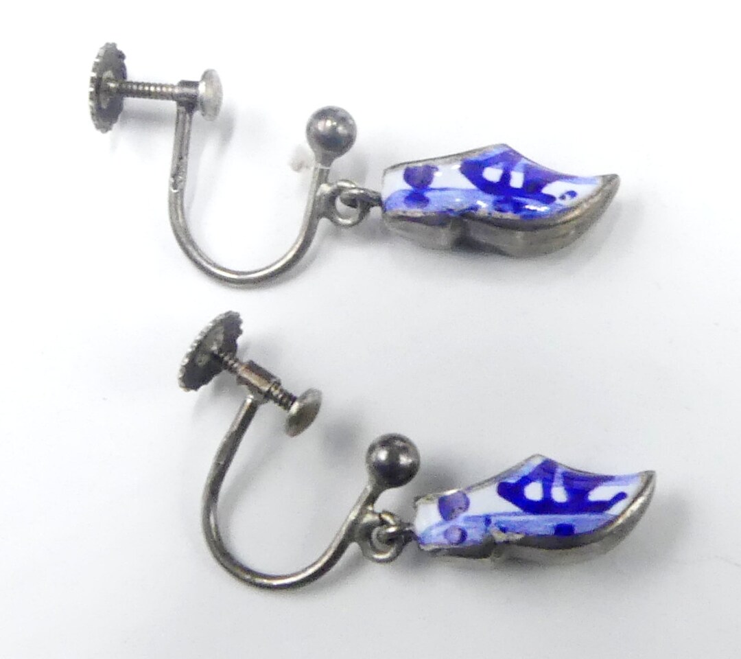 Vintage Marked 835 Silver Dutch Enamel Clog Shoes Screw Back Earrings ...