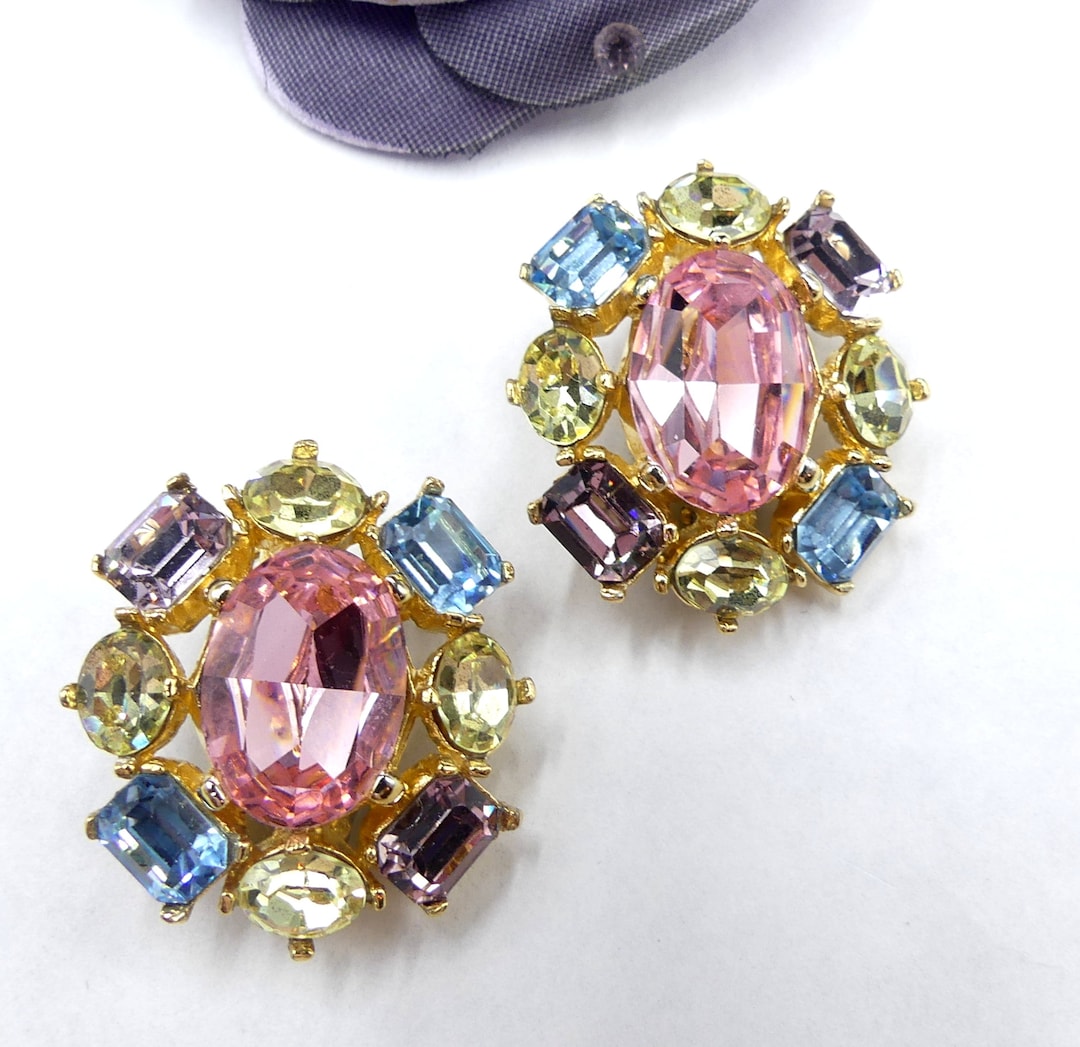 Vintage Signed Ciner Gold Tone & Multi Color Rhinestone Clip on ...