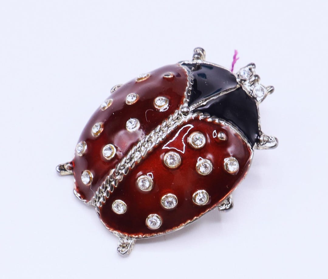 Vintage Silver Tone Dark Red Enamel Clear Rhinestone Lady Bug Pin ...