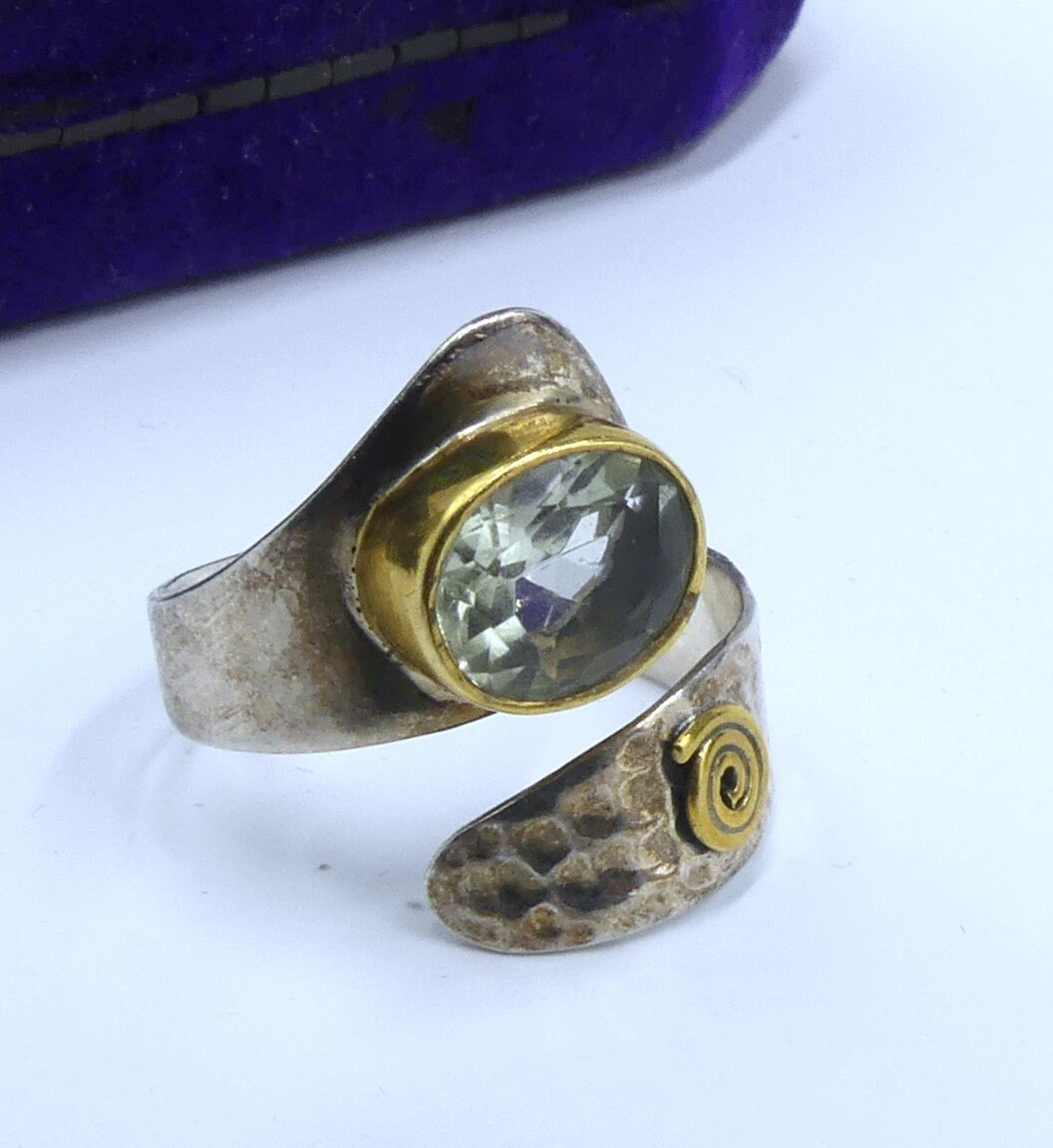 Vintage Marked India YS 925 Sterling Silver Brass Natural Light Green Gem Stone Adjustable Ring Etsy