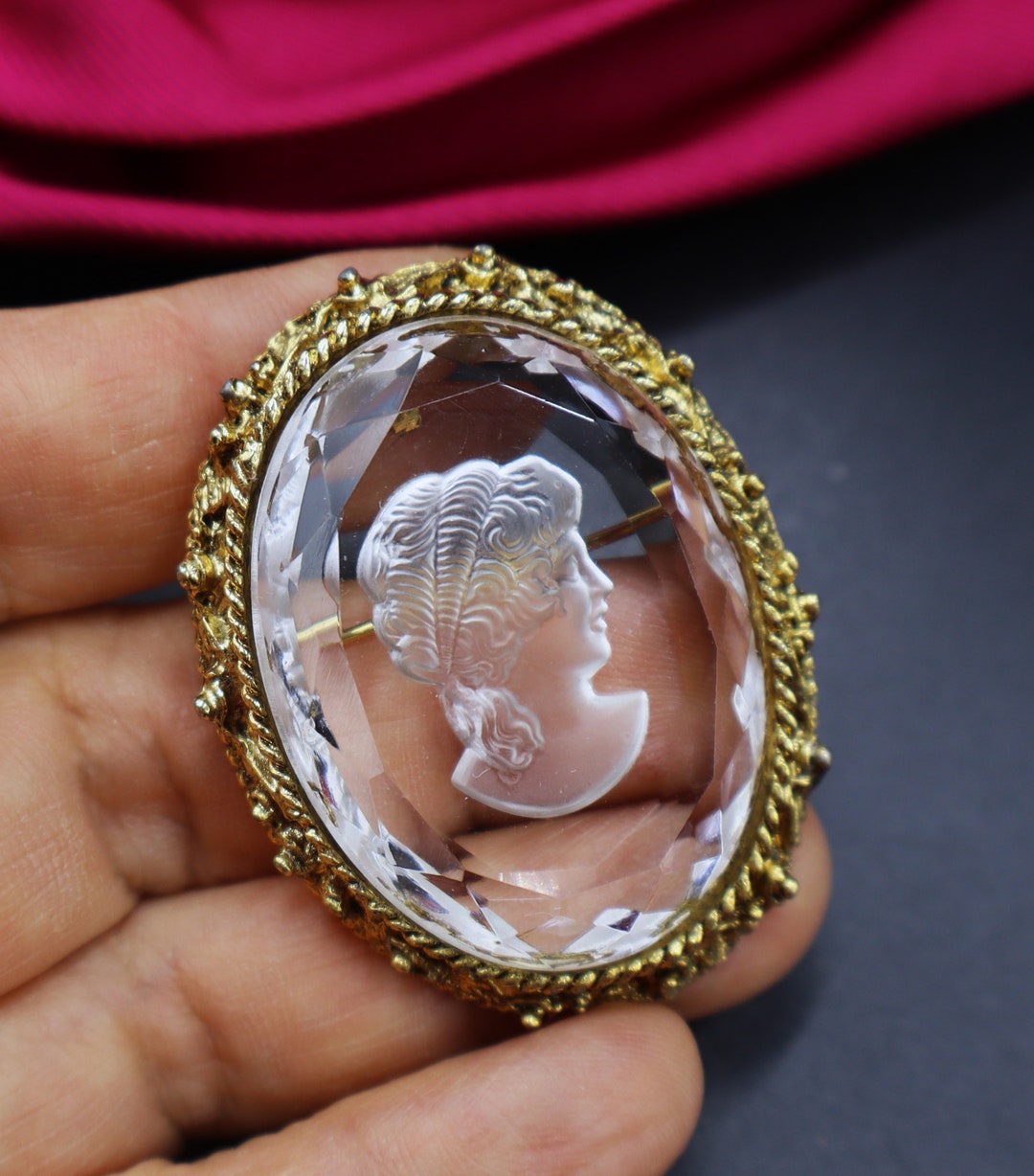 Vintage Victorian Style Bevel Intaglio Reverse Carved Cameo Gold Tone ...