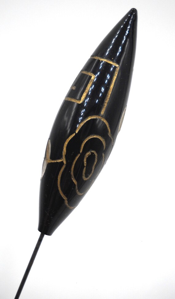 Antique carved jet black & gold color Conical hatpin - Gem
