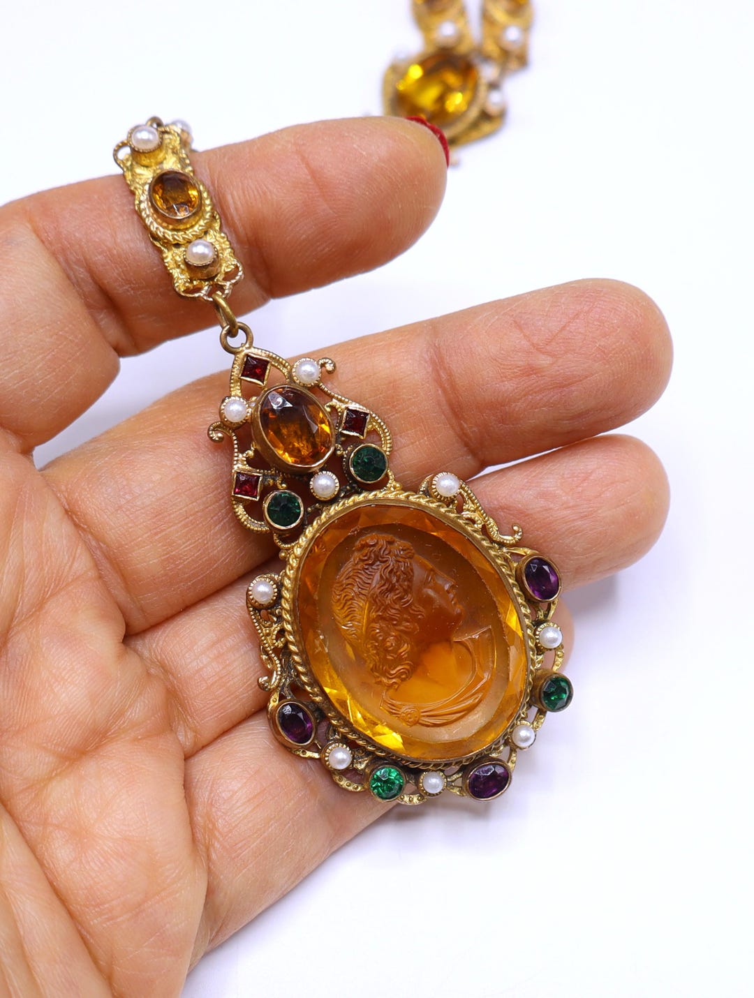 Old Signed Austria Edwardian Style Gold Tone & Faux Pearl Multi Glass ...