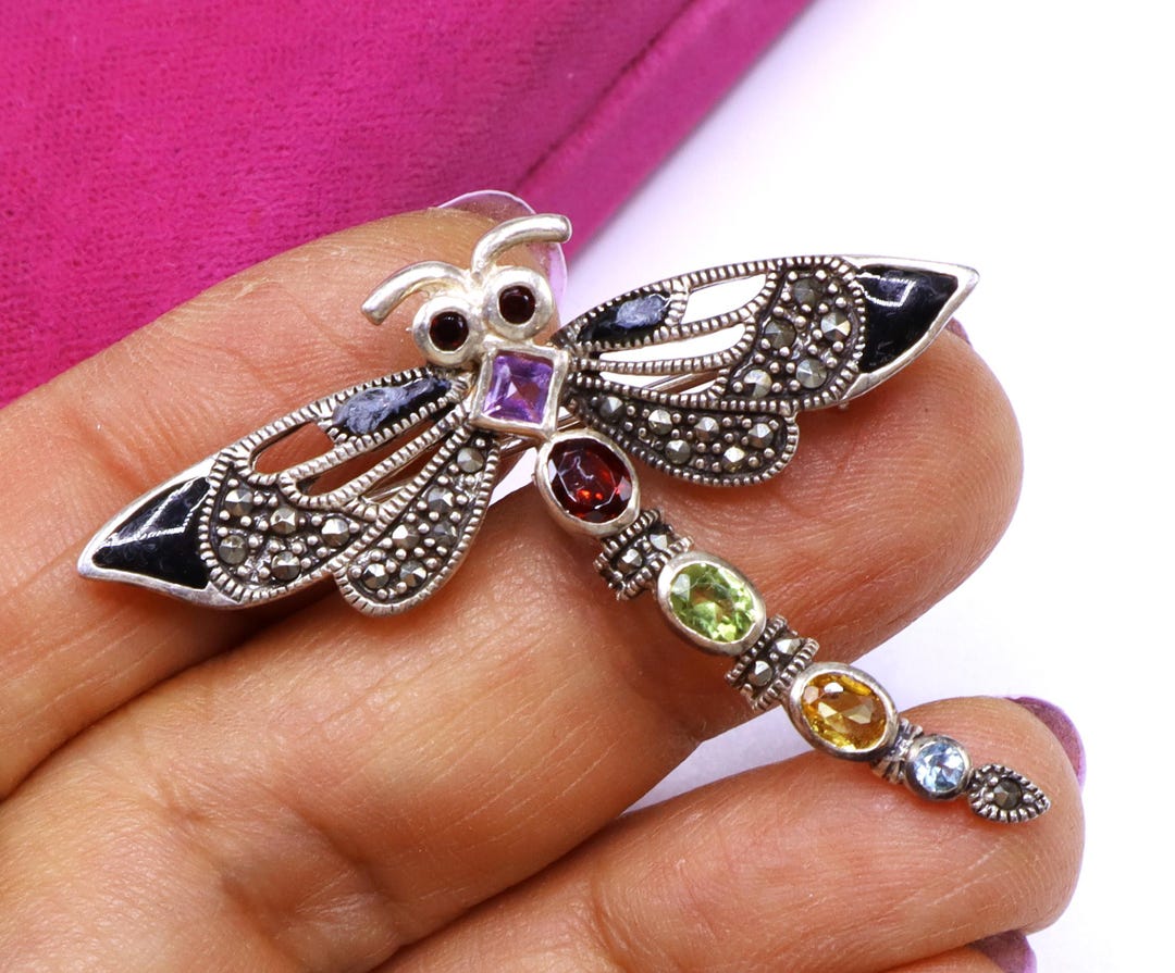 Vintage Marked 925 Sterling Silver Marcite Multi Gemstone Dragonfly ...