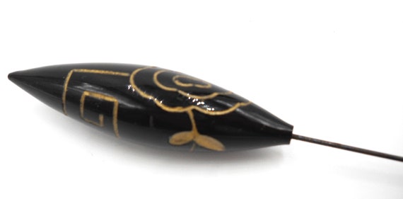 Antique carved jet black & gold color Conical hatpin - Gem