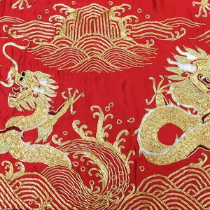 Vintage Chinese Silk Hand Embroidered Dragons on Red Background Penal ...