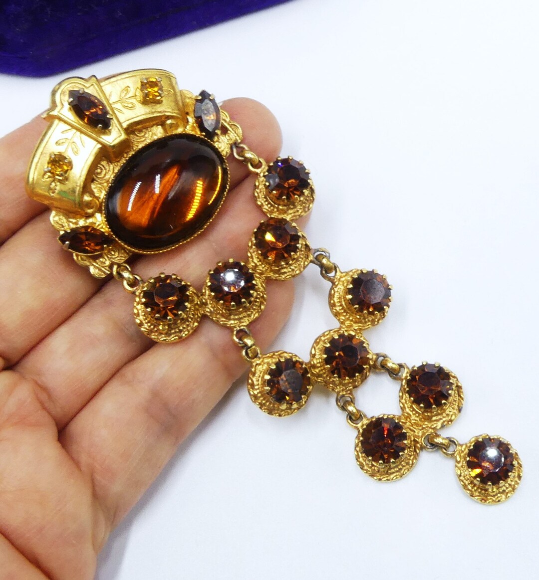 Vintage Robert Rose Gold Tone Brown Glass Cabochon Large Drop Brooch ...