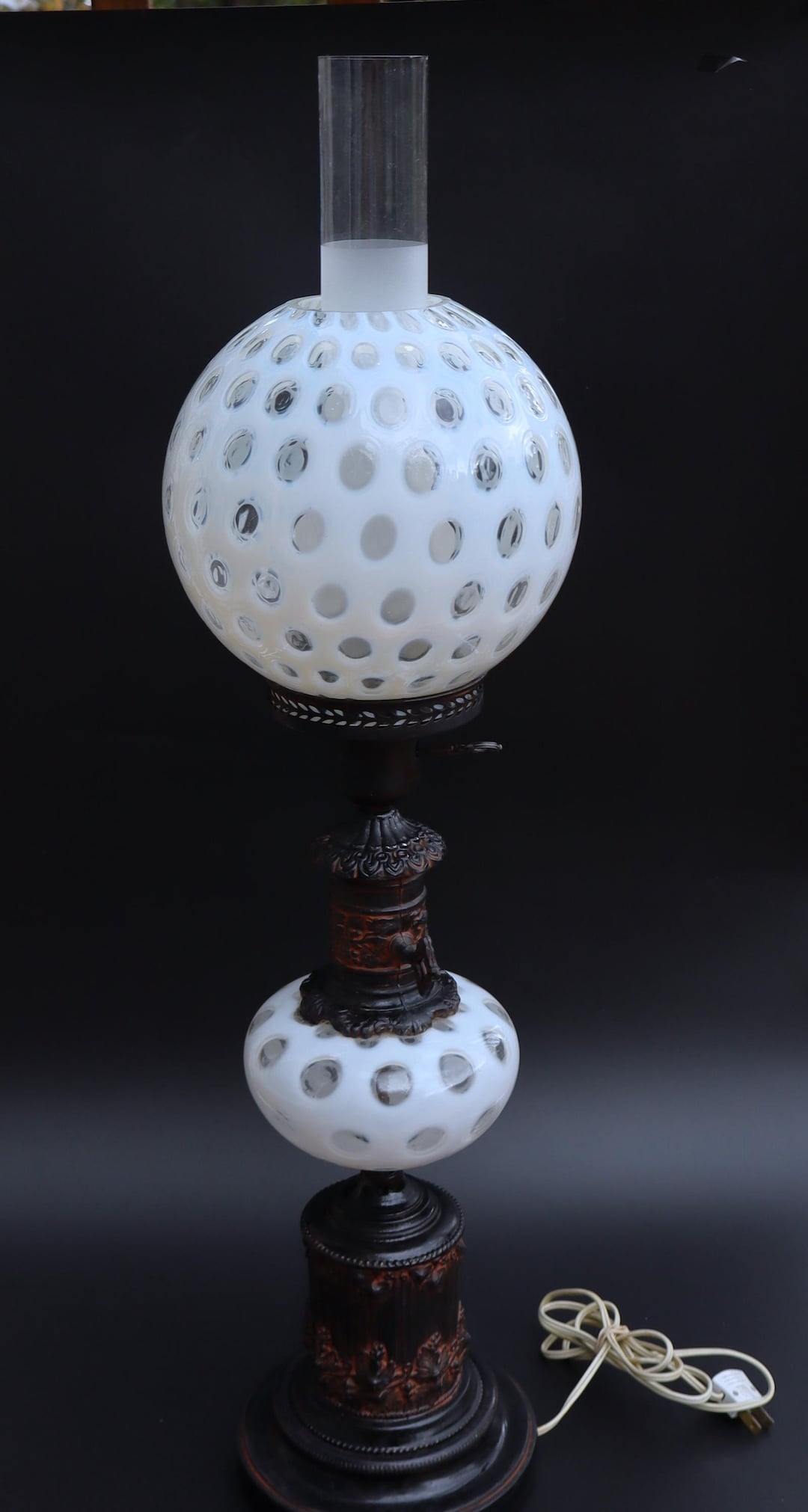 Antique Dark Metal & Coin Dot Opalescent Glass Lamp 31” Tall - Etsy