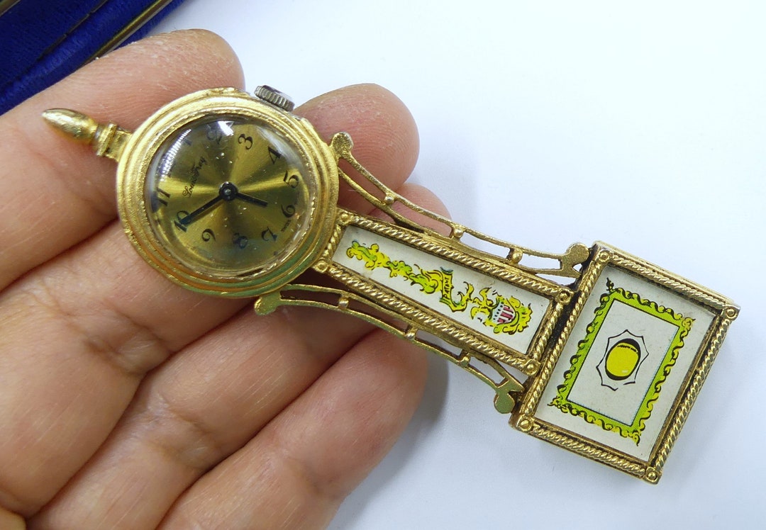 Vintage Signed Louis Frey Swiss Gold Tone Grandfather Clock Pin Brooch ...