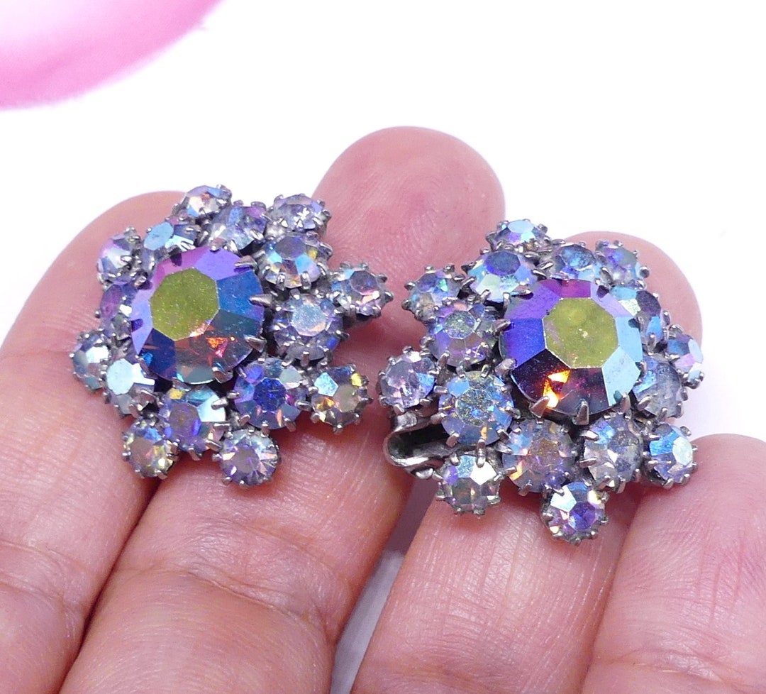 Vintage 50's Signed Kramer Silver Tone & AB Blue Rhinestone Clip ...