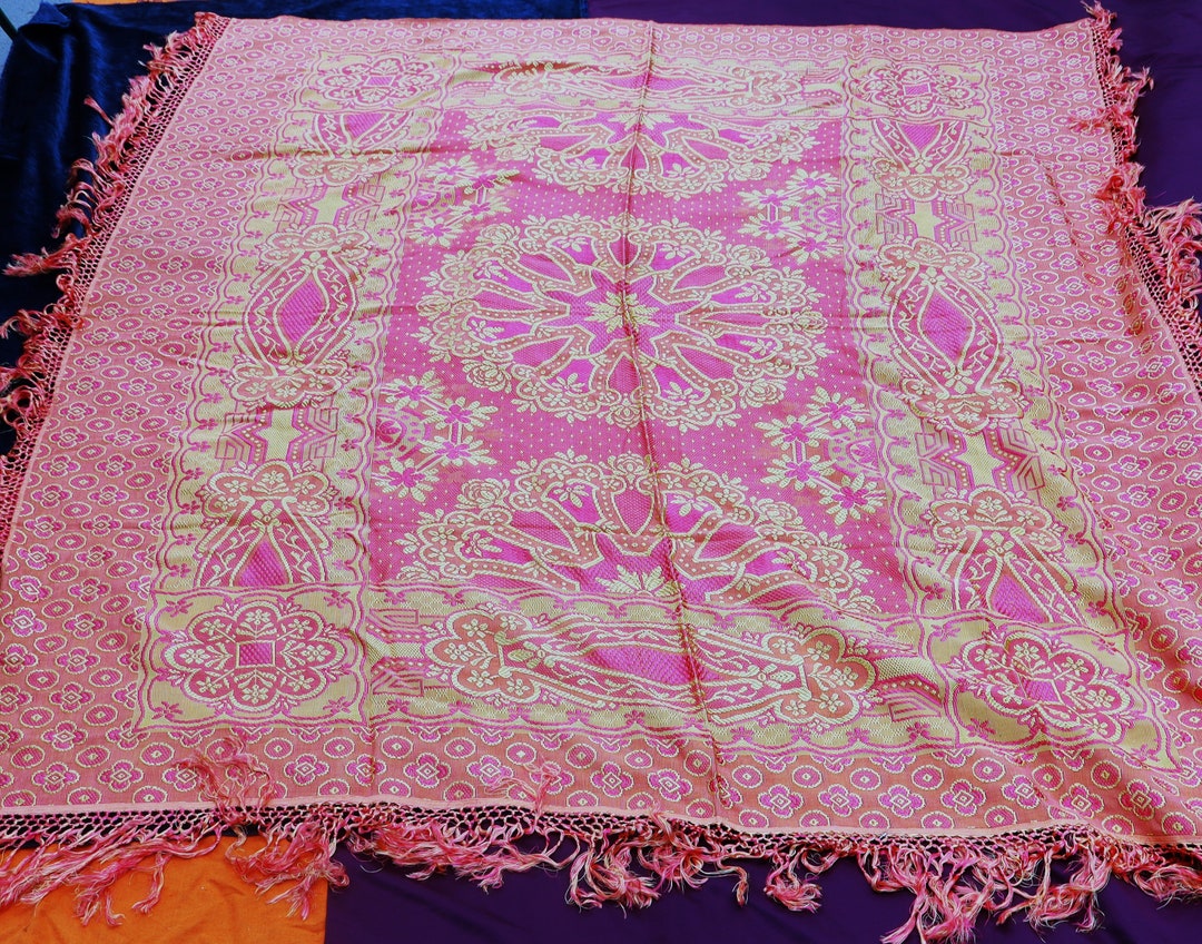 Vintage Heavy Silk Brocade Woven Bed Cover W Fringed Color Dark Pink ...