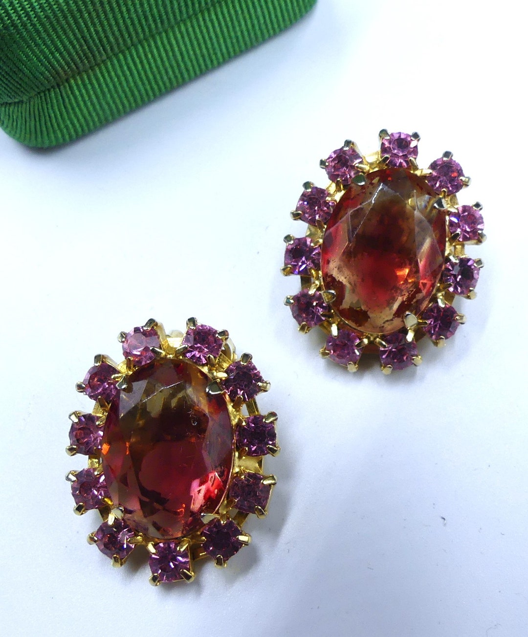Vintage 60's Gold Tone & Pink Rhinestone Clip on Earrings - Etsy