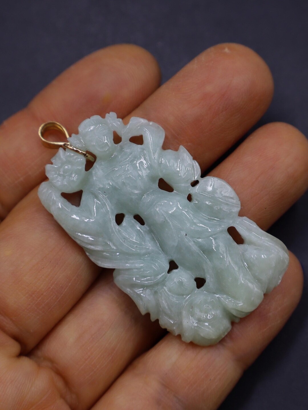 Antique 20's Chinese Hand Carved Light Jade Lady Dance W Gold Filled ...