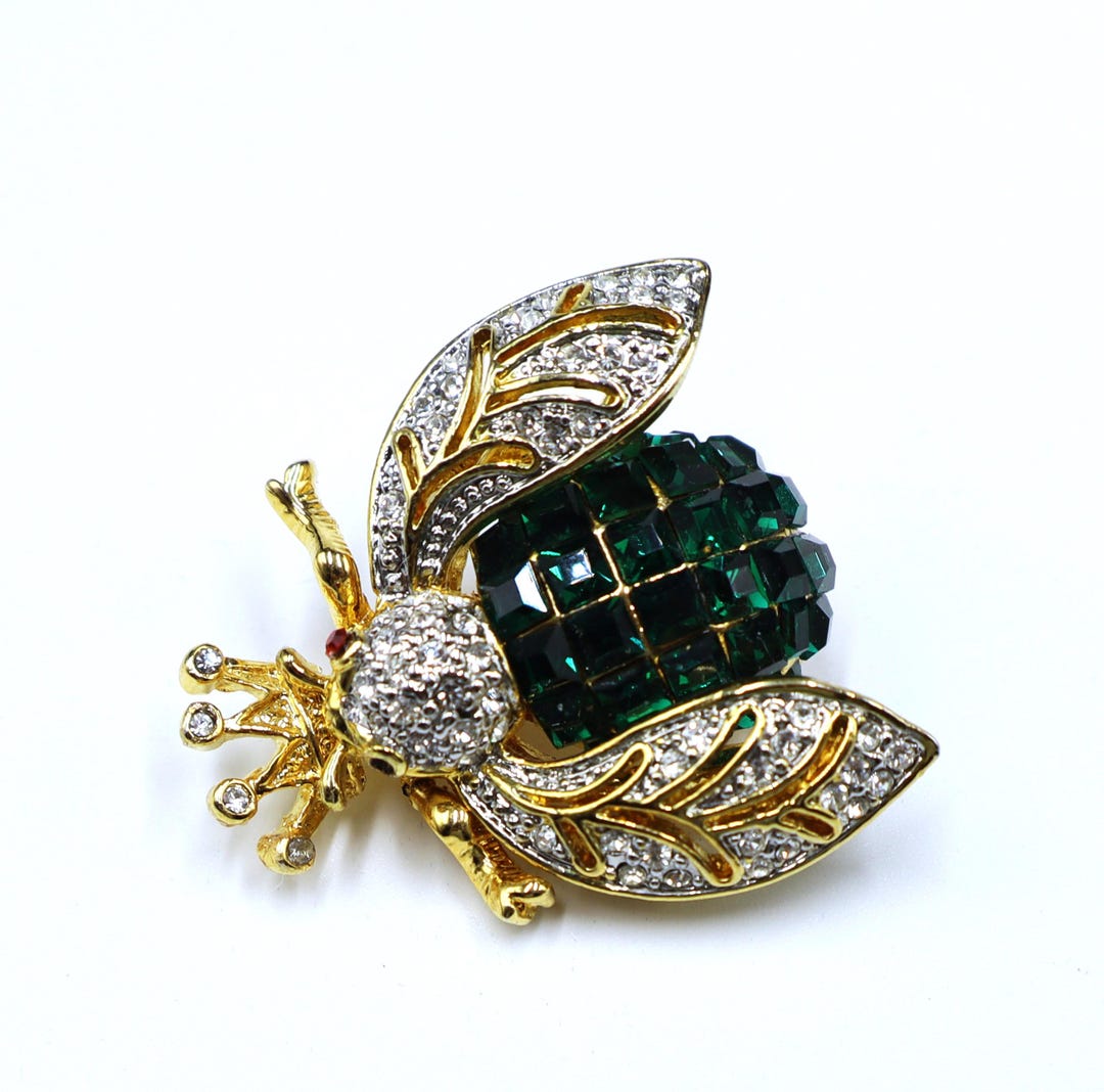 Vintage Marked Bee Alive Gold Tone W Swarovski Clear Green Rhinestone ...