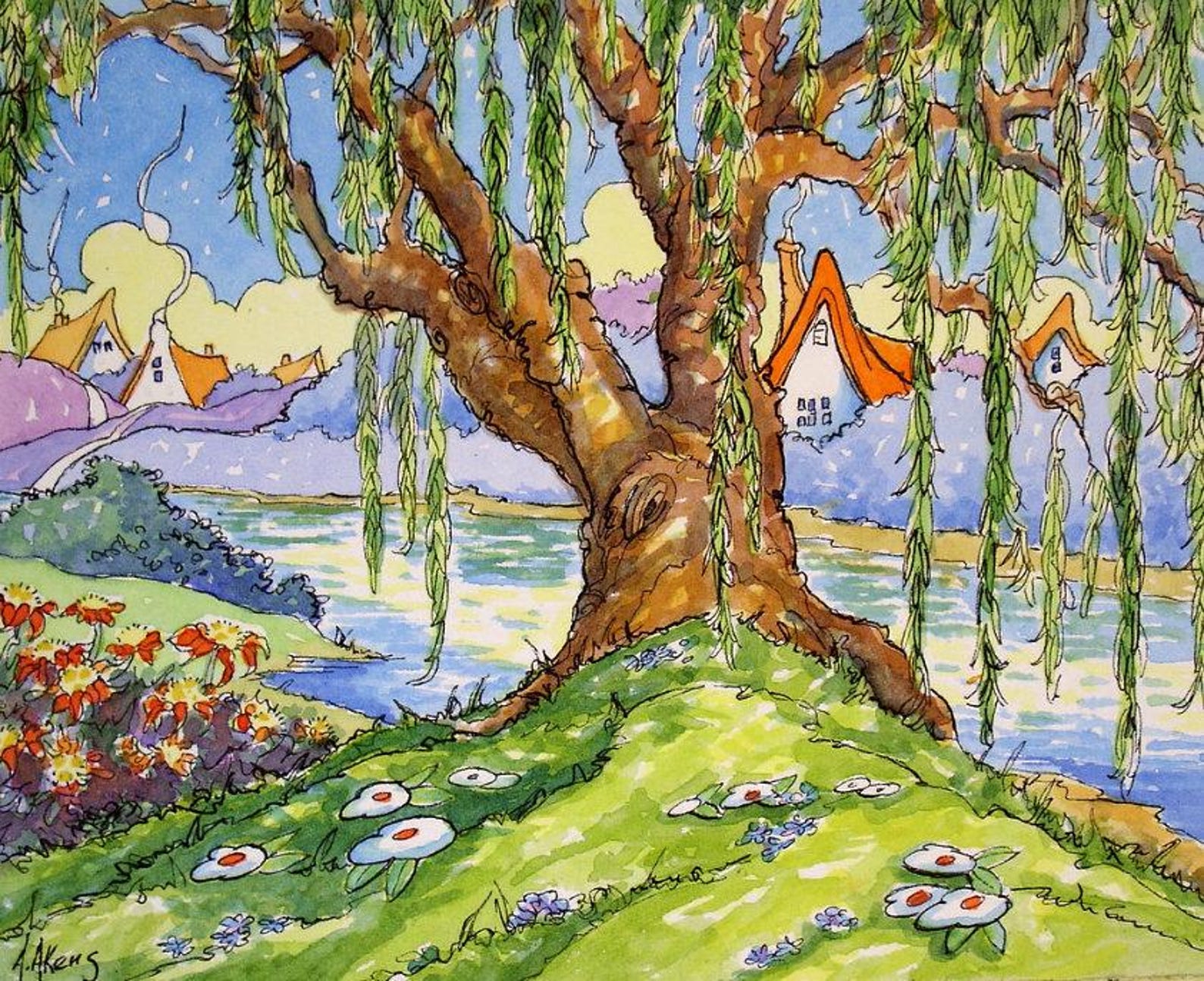 This Side of the River Storybook Cottage Vintage Inspired Print - Etsy