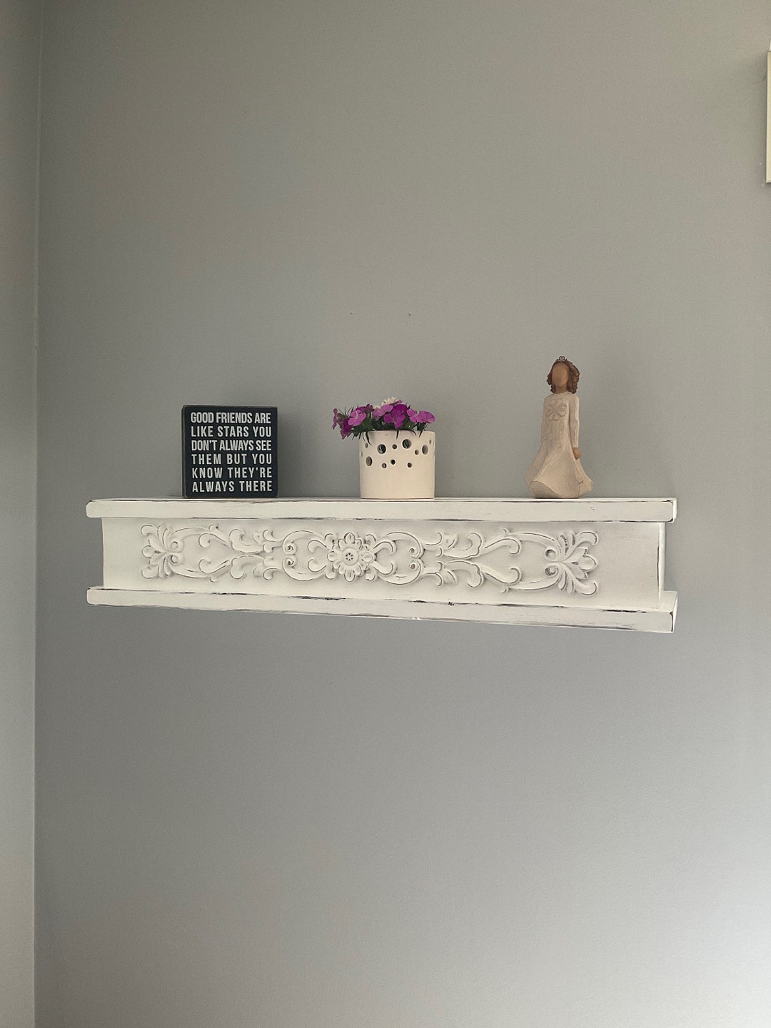 Distressed French Country Solid Wood Floating Shelves, Applique Adorned ...